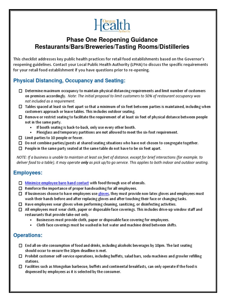 Phase One Reopening Guidance Restaurants/Bars/Breweries/Tasting Rooms ...