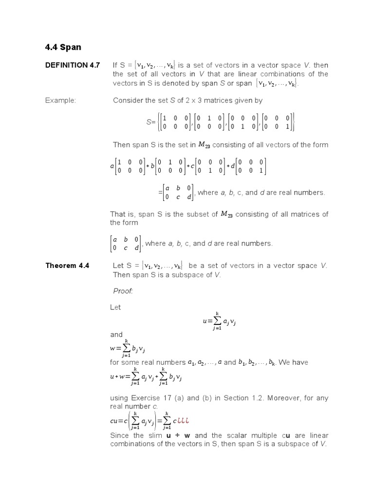 4.4 Span: Definition 4.7 | PDF | System Of Linear Equations | Linear ...