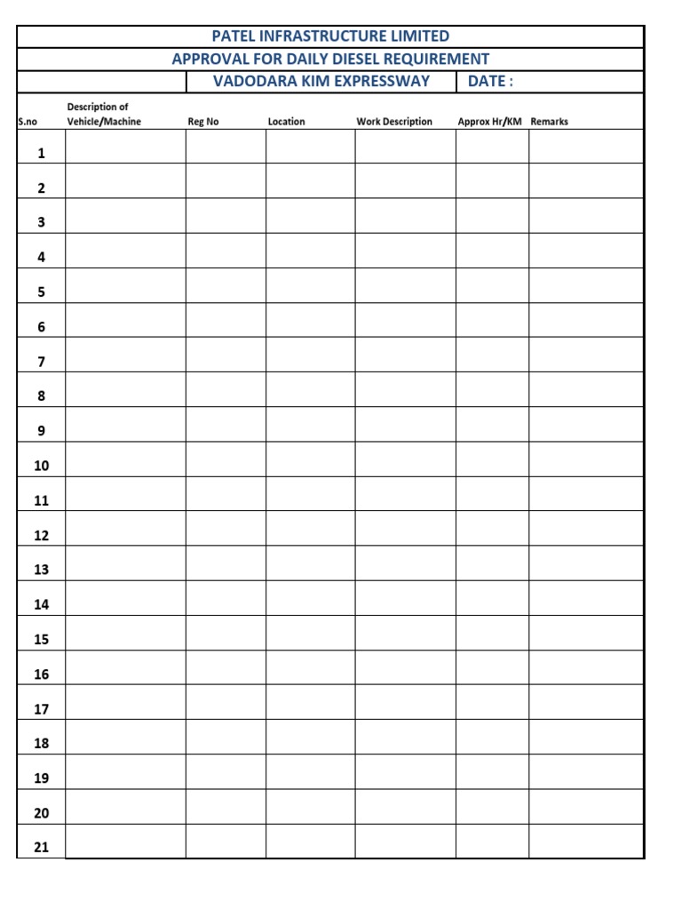 Daily Diesel Requirement Approval Log | PDF