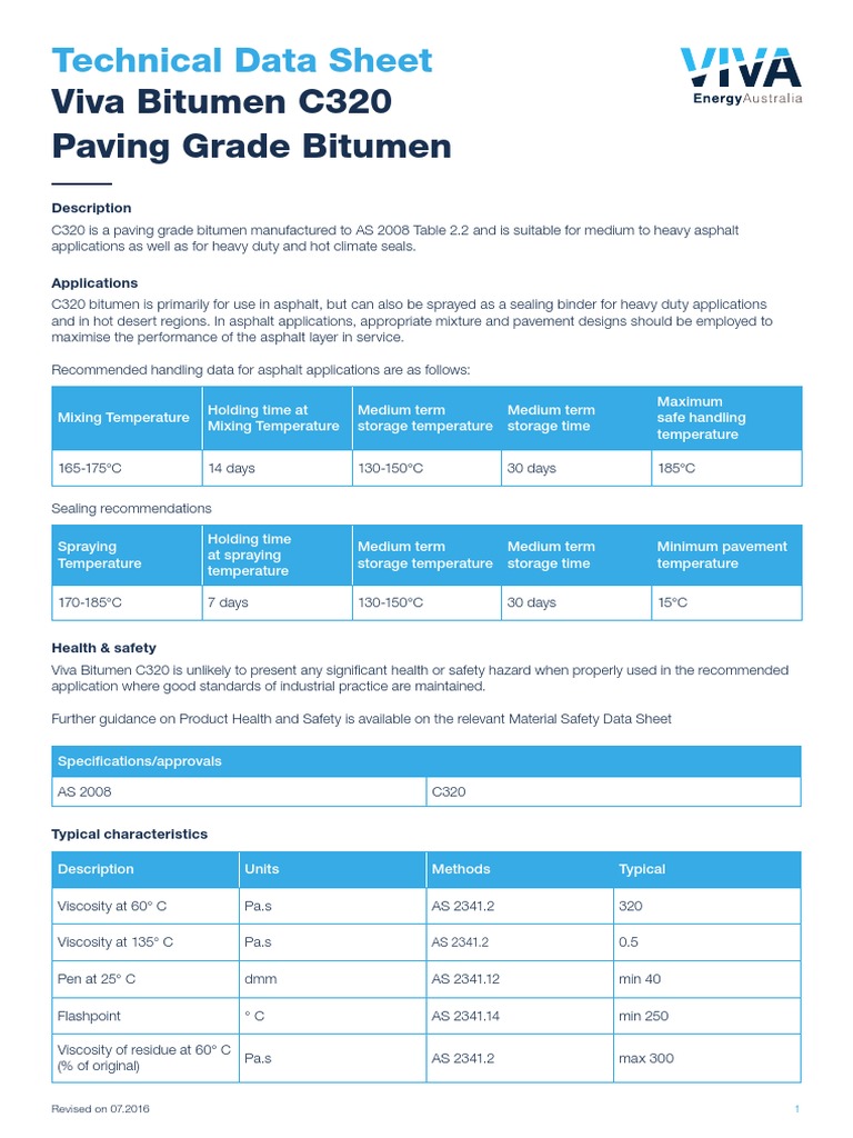Viva Bitumen C320 Paving Grade Bitumen: Technical Data Sheet | PDF ...