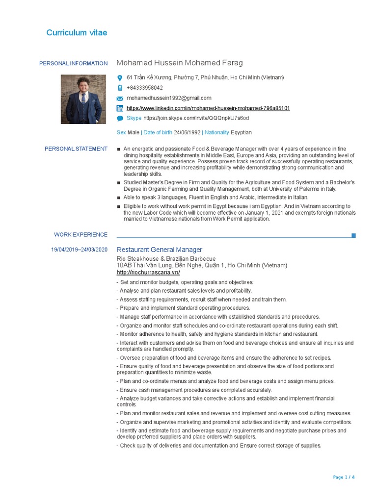 F&B Manager/Restaurant Manager | PDF | Menu | Foods