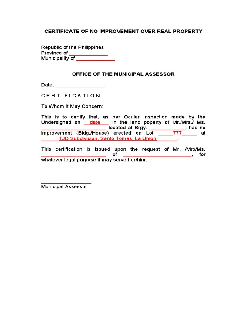 Certificate of No Improvement Over Real Property | PDF