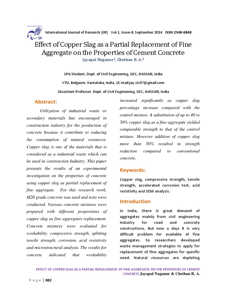 Analysis of the Effects of Using Copper Slag as a Partial Replacement for Fine Aggregate in ...