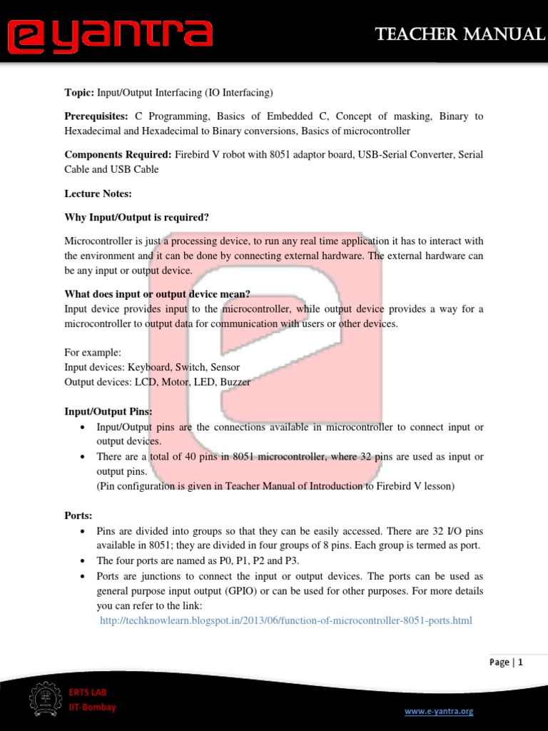 Teacher Manual: Erts Lab IIT-Bombay | PDF | Microcontroller | Input/Output
