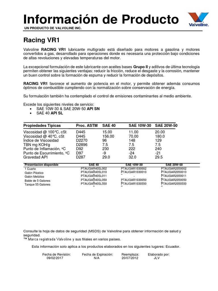 Racing VR1 | PDF | Lubricante | Materiales