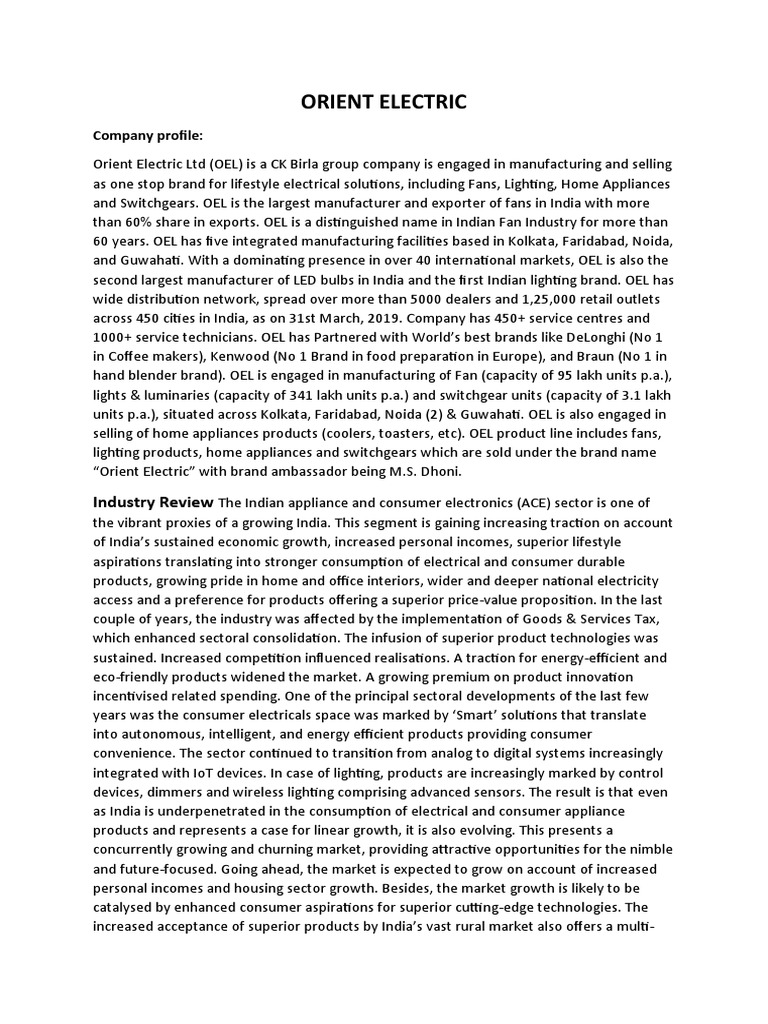 Orient Electric: Company Profile | PDF | Brand | Innovation
