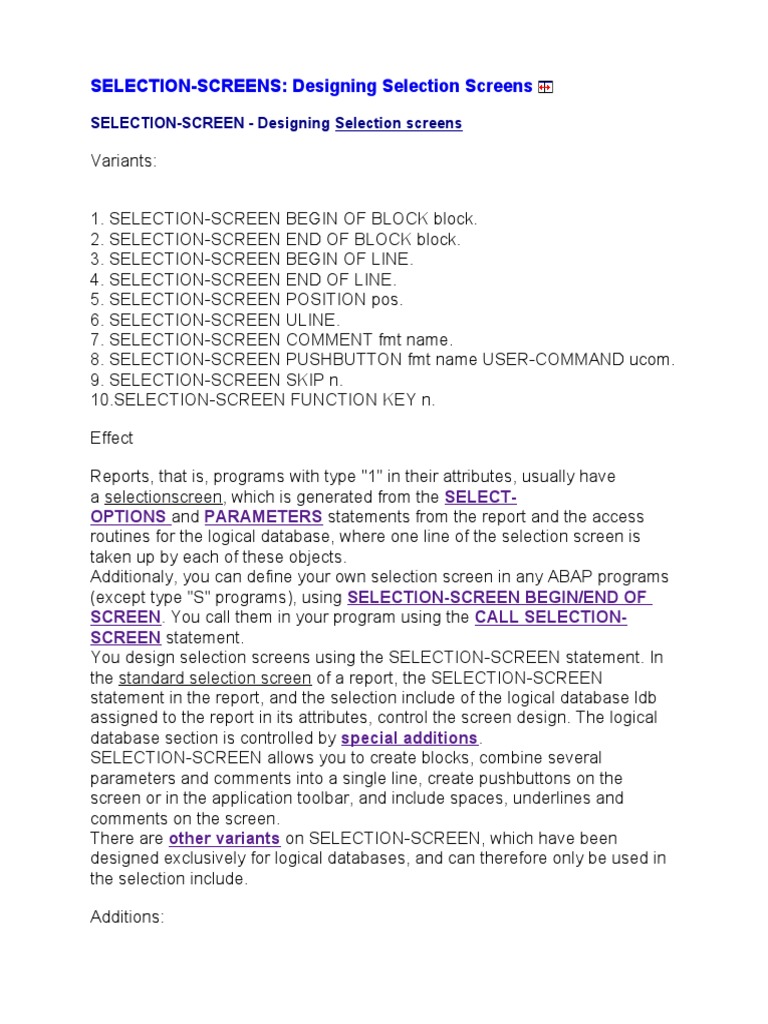 SELECTION-SCREENS: Designing Selection Screens | PDF | Reserved Word | Parameter (Computer ...