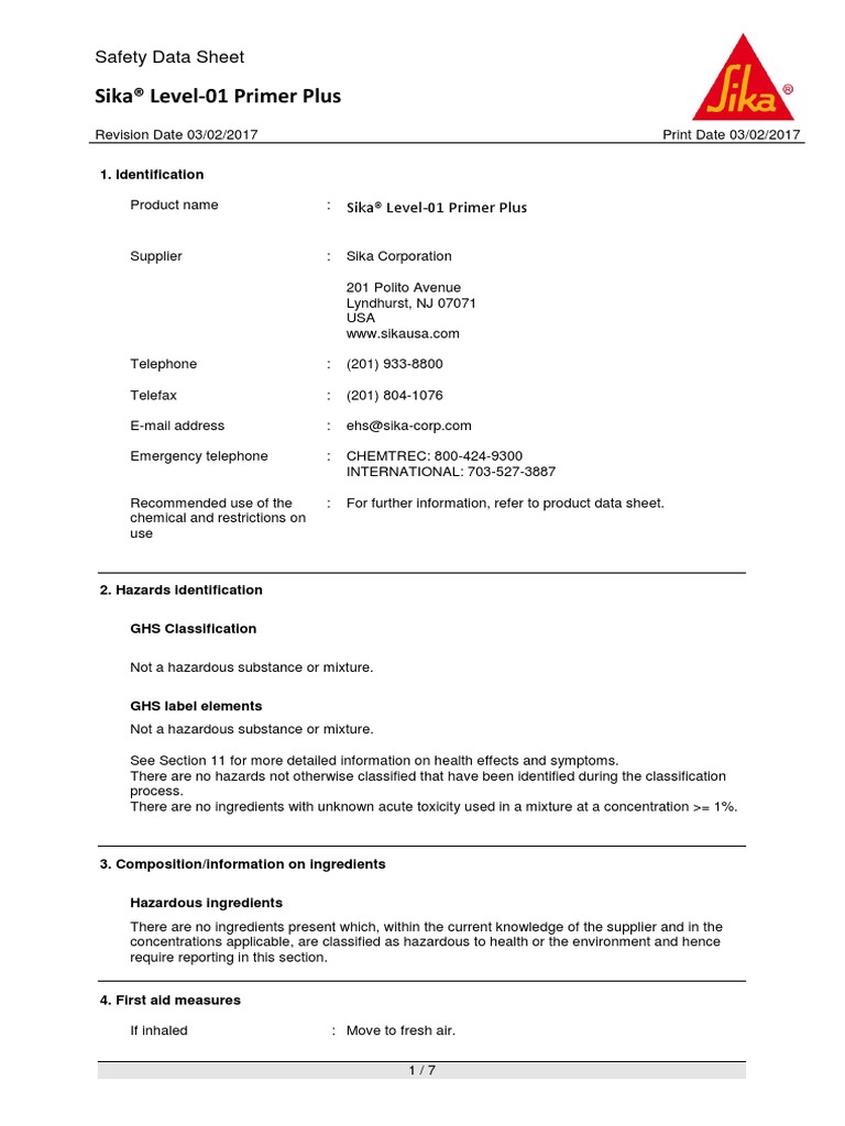 Sika® Level-01 Primer Plus: Safety Data Sheet | PDF | Personal ...