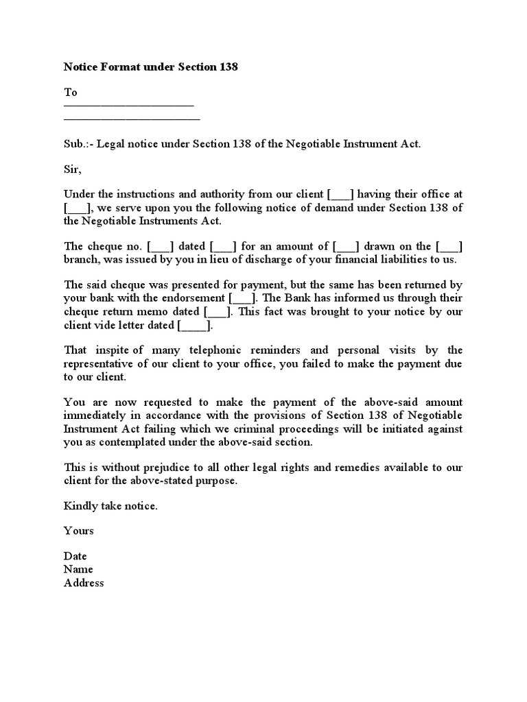 Legal Notice Format for Section 138 | PDF | Cheque | Payments