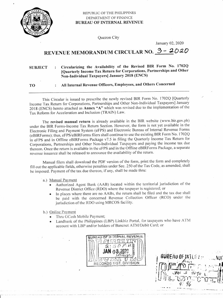 RMC 2020 No. 3 Availability of The Revised BIR Form 1702Q PDF | PDF ...