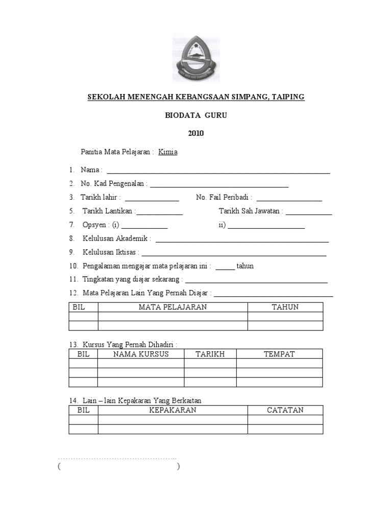 Borang Biodata Guru Panitia Sains | PDF