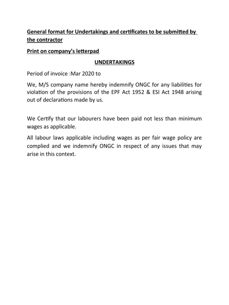 Undertakings and Certificates | PDF