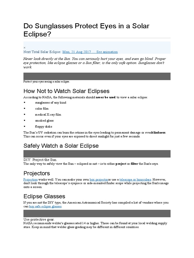 Do Sunglasses Protect Eyes in A Solar Eclipse?: How Not To Watch Solar ...