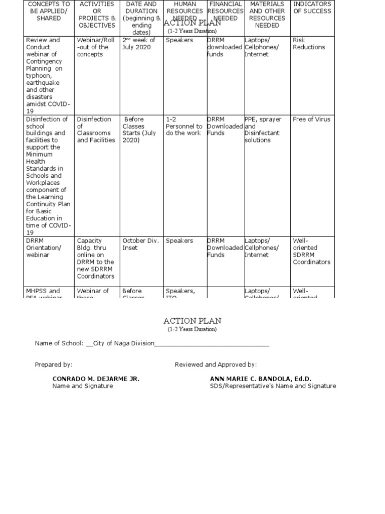 DRRM Action Plan Template - LEADeXCELS 2020 | PDF