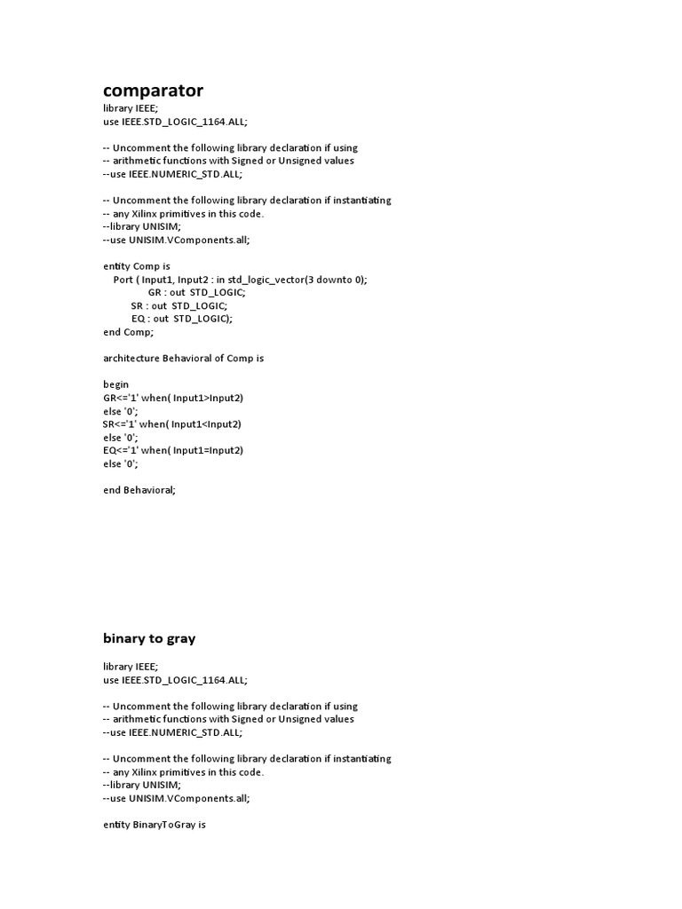 VHDL Comparator and Binary to Gray Code | PDF | Teaching Methods & Materials | Technology ...