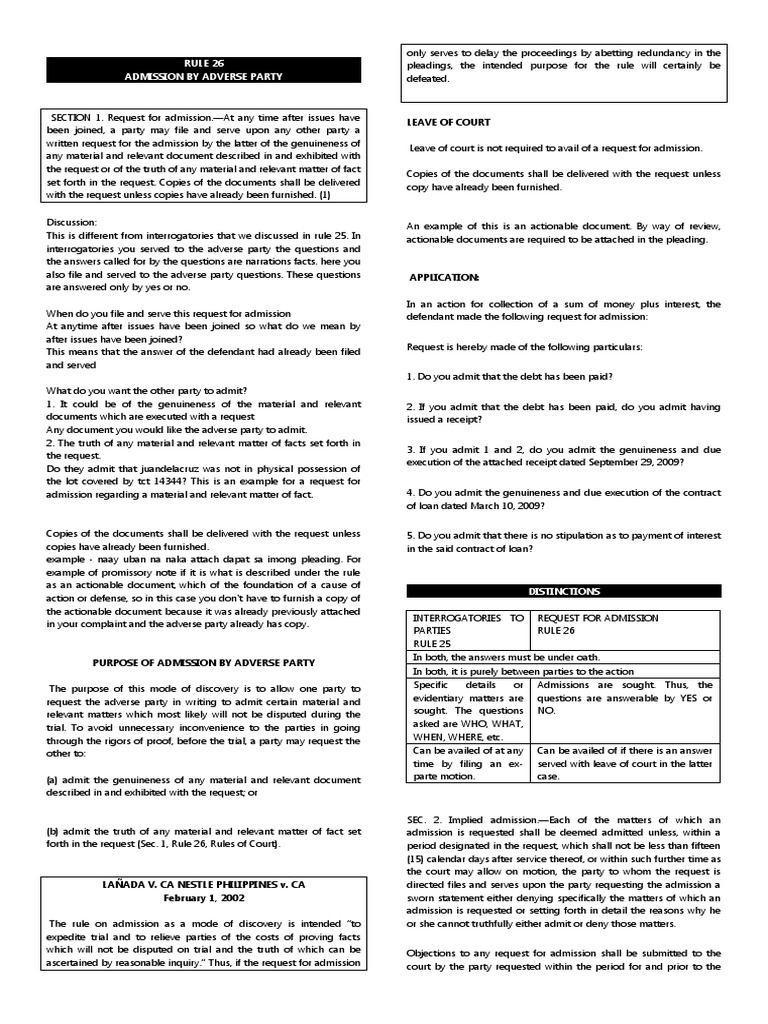 Leave of Court: Rule 26 Admission by Adverse Party | PDF | Discovery ...