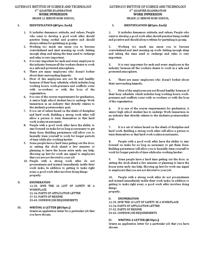 Work Immersion-3rd QRTR Exam | PDF | Labor | Employment