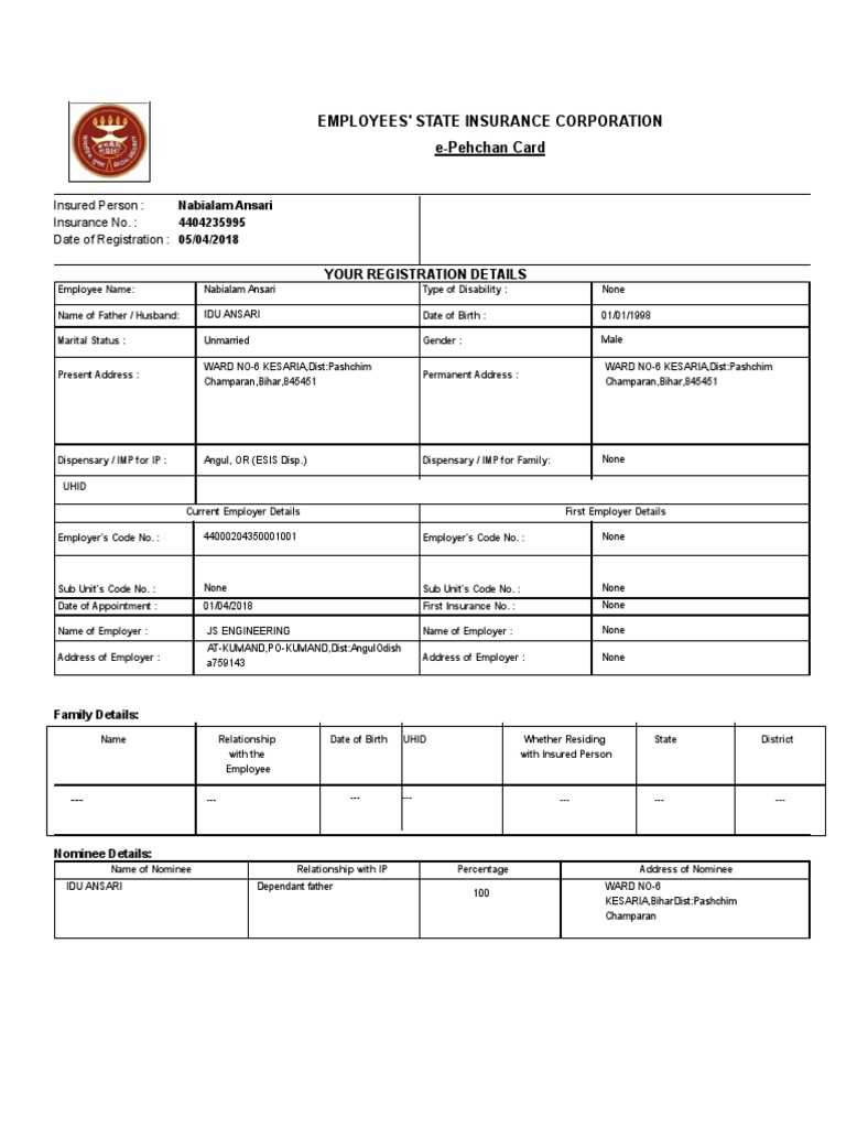 Employees' State Insurance Corporation E-Pehchan Card: Insured Person ...