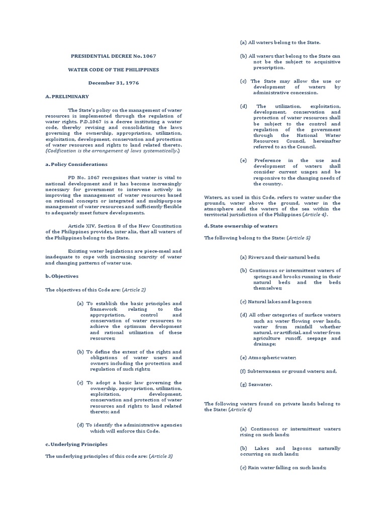 Presidential Decree No. 1067 Water Code of The Philippines December 31, 1976 A. Preliminary ...