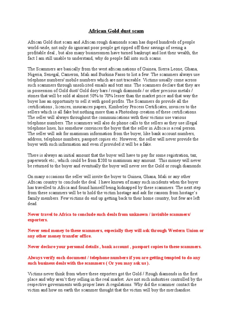 African Gold Dust Scam | PDF | Gold | Mining