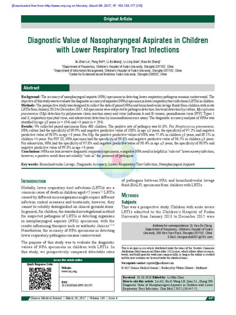Diagnostic Value of Nasopharyngeal Aspirates in CH | PDF | Sensitivity ...