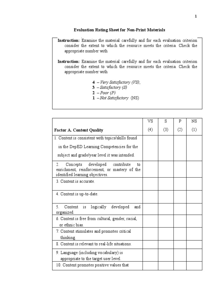 Evaluation Rating Sheet For Non Print LR Materials | PDF | Resource ...