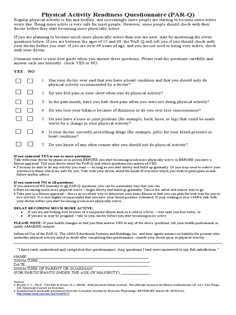 Physical Activity Readiness Questionnaire (PAR-Q) : Yes No | PDF ...