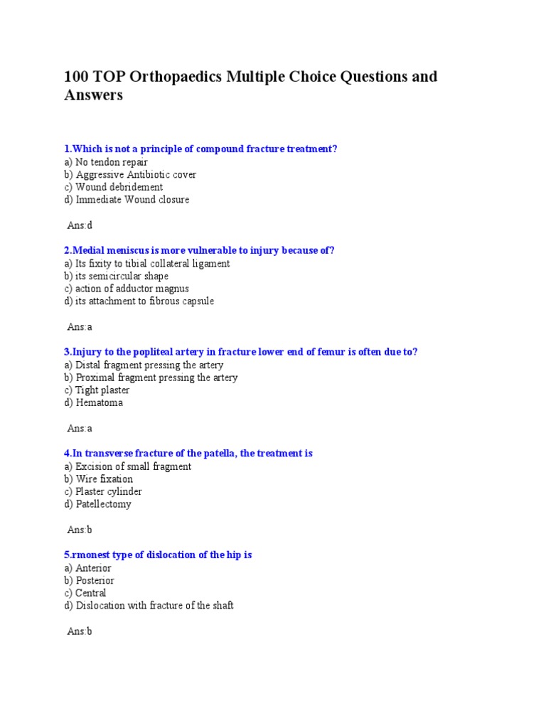 Top 100 Orthopedic MCQs and Answers | PDF | Hip | Elbow