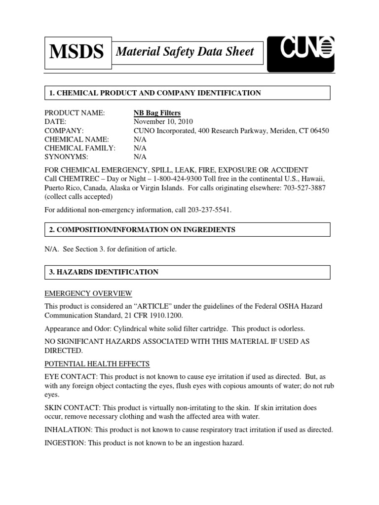 MSDS CUNO NB Filter Bags | PDF | Hazardous Waste | Firefighting