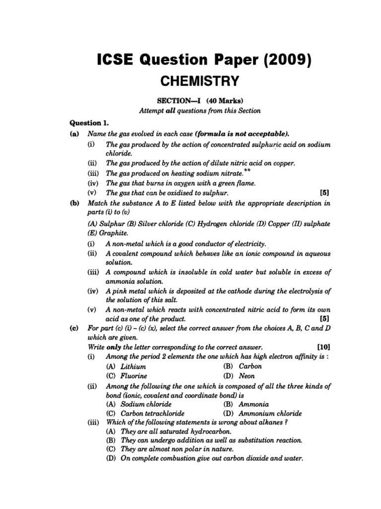 ICSE 2009 Chemistry Question Paper | PDF | Oxide | Acid