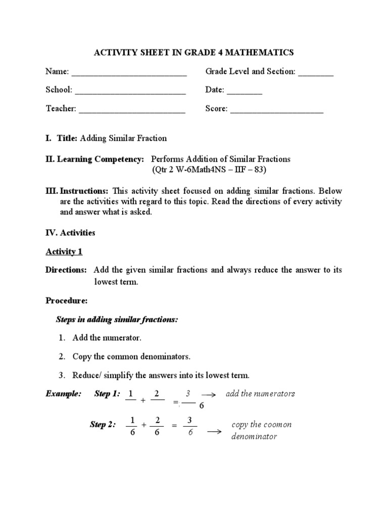 Sample Activity Sheets | PDF | Fraction (Mathematics) | Division ...