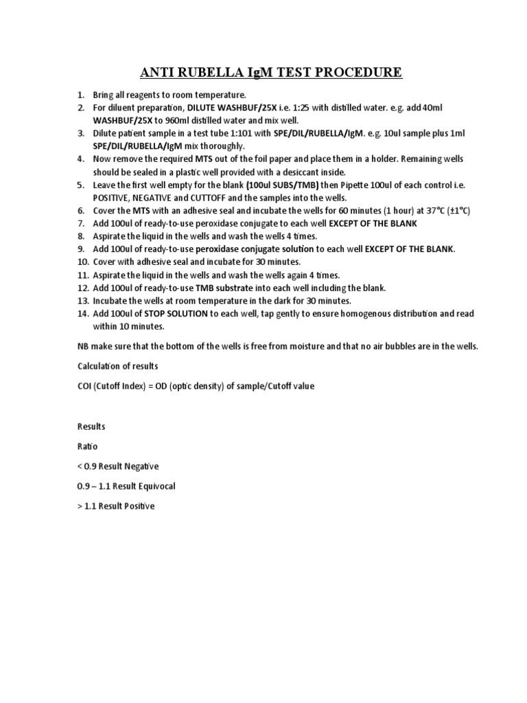 Anti Rubella Igm Test Procedure: Washbuf/25X To 960Ml Distilled Water ...