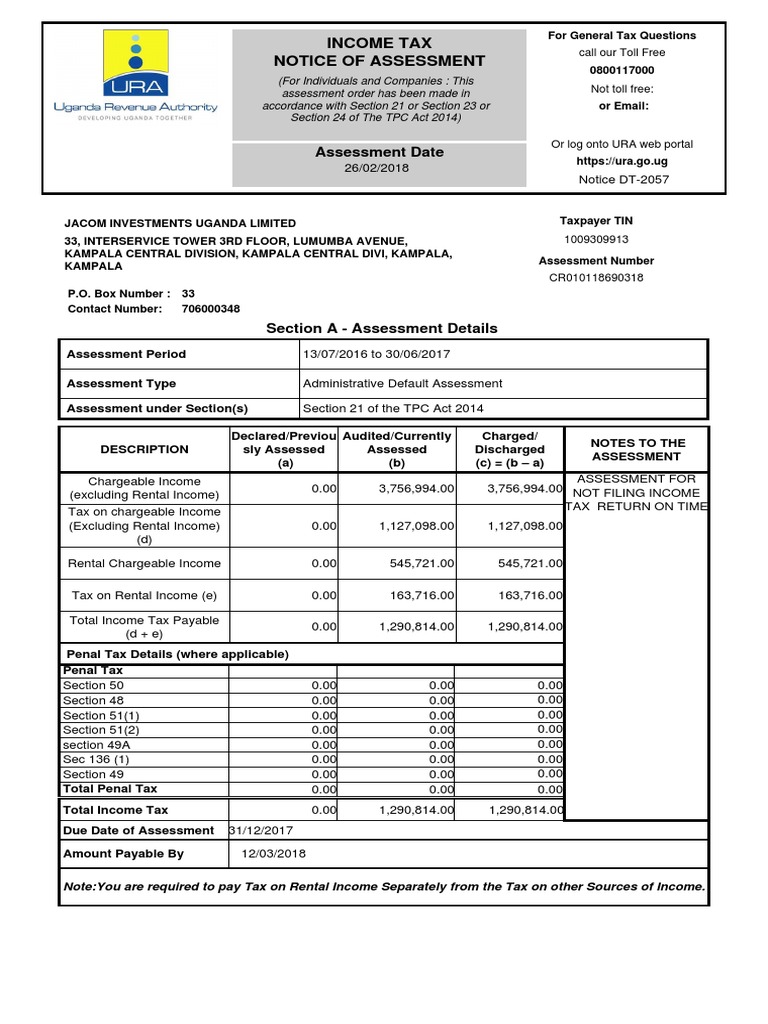 Assessment Date: Income Tax Notice of Assessment | PDF | Payments | Taxes