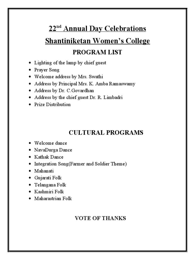 22 Annual Day Celebrations Shantiniketan Women's College: Program List ...