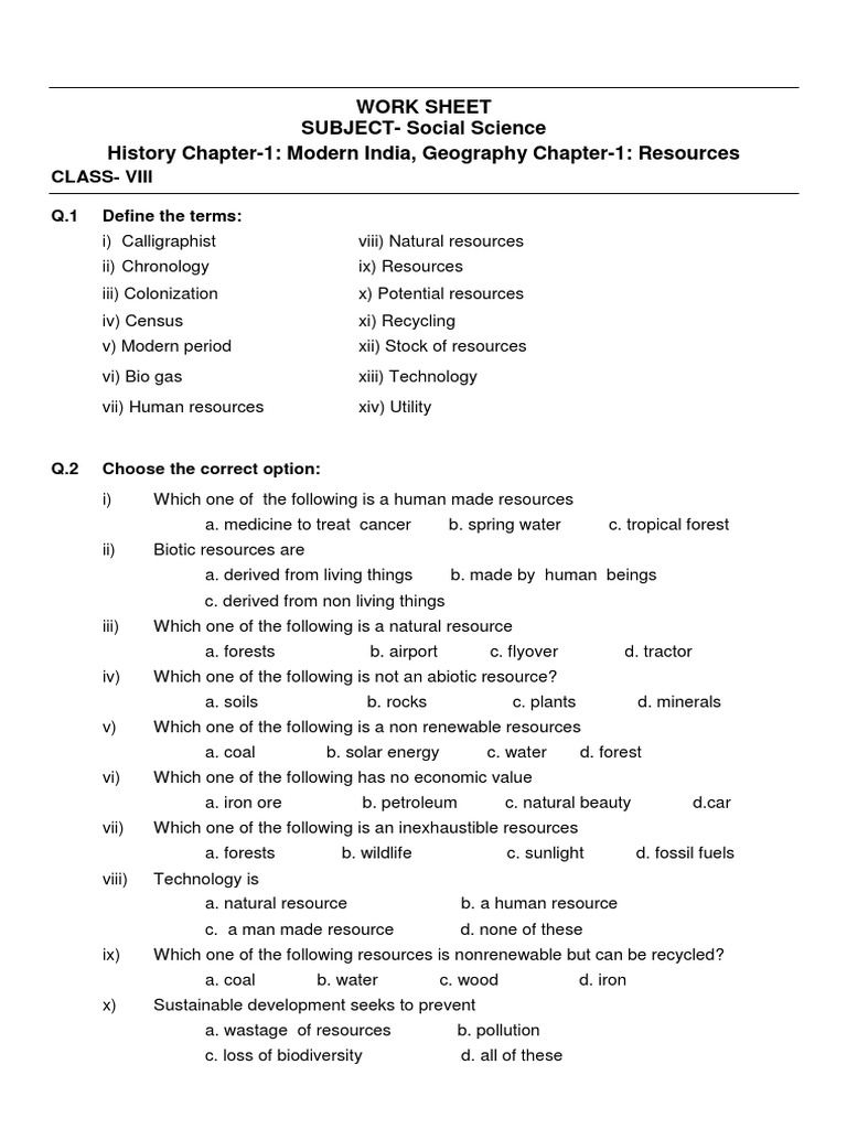 CBSE Class 8 Social Science Worksheet - Modern India | PDF | Resource ...