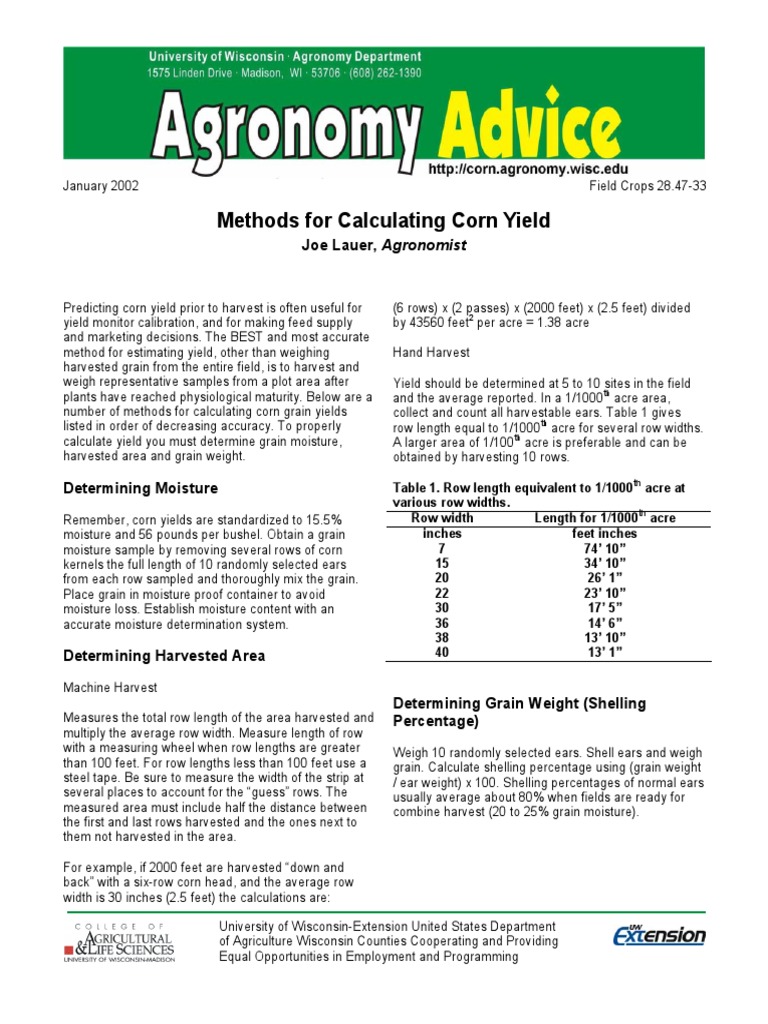 Methods For Calculating Corn Yield: Joe Lauer, Agronomist | PDF ...