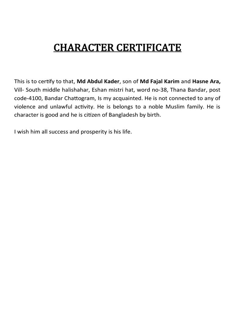 Character Certificate for Md Abdul Kader | PDF