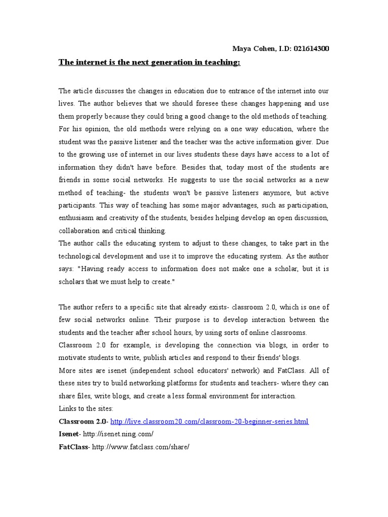 Maya Cohen - The Internet Is The Next Generation in Teaching | PDF ...