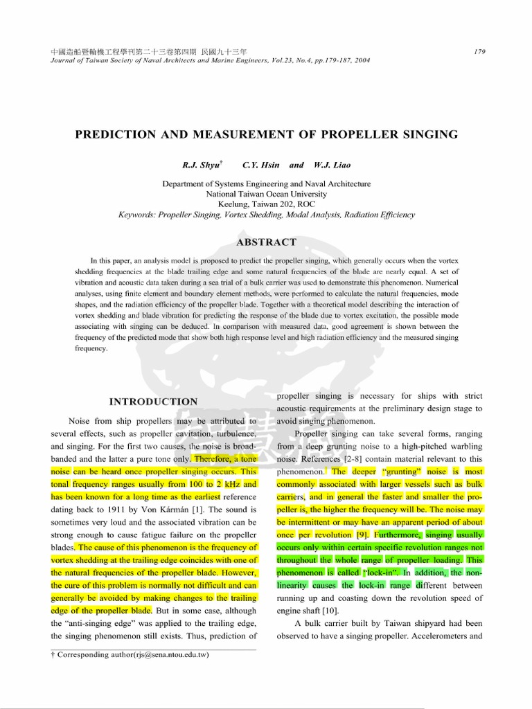 Prediction and Measurement of Propeller Singing: C e C Ec e Ee ...