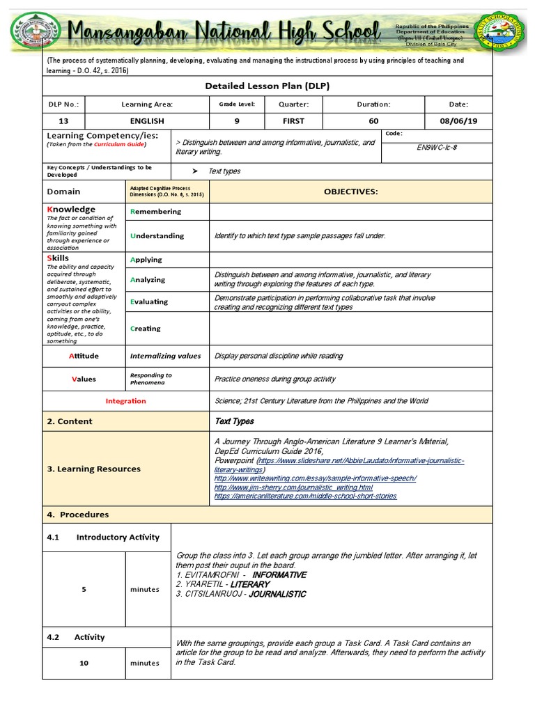 Learning Competency/ies:: Detailed Lesson Plan (DLP) | PDF | Curriculum ...