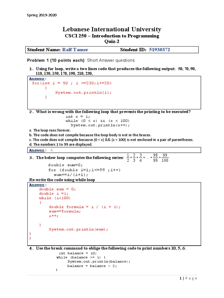 Lebanese International University: CSCI 250 - Introduction To Programming Quiz-2 Student Name ...