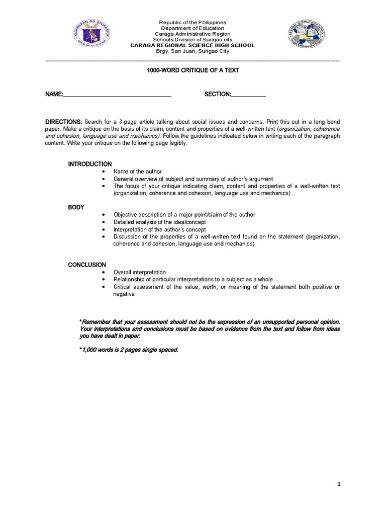 1000 Word Critique Sheet | PDF | Mechanics