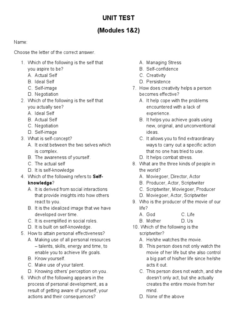 1st and 2nd UNIT TEST in PERSONAL DEVELOPMENT | PDF | Self | Mind
