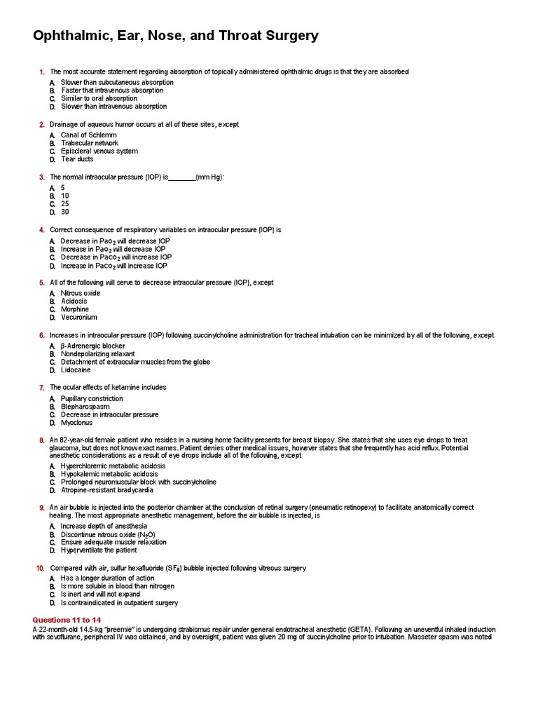 Ophthalmic ENT sLE MCQ | PDF | Anesthesia | Larynx