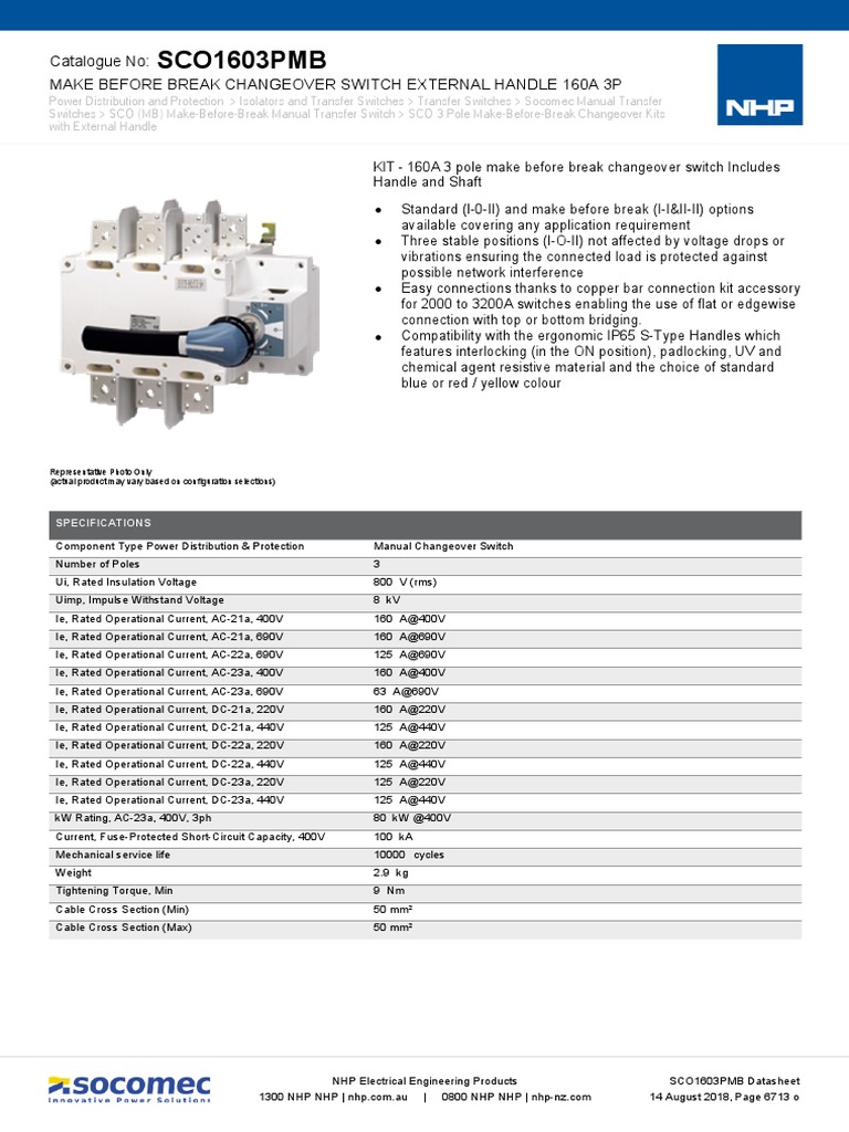 SCO1603PMB: Make Before Break Changeover Switch External Handle 160A 3P Catalogue No | PDF ...