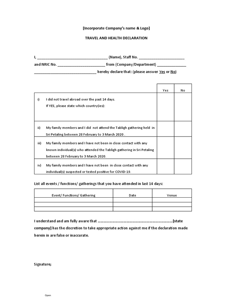 PIC Travel and Health Declaration (Eng) V1 | PDF