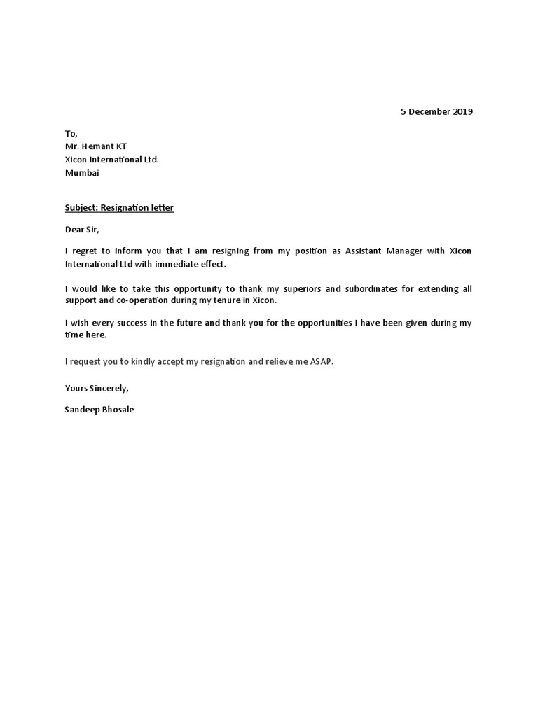 Resignation letter from Assistant Manager at Xicon International Ltd | PDF