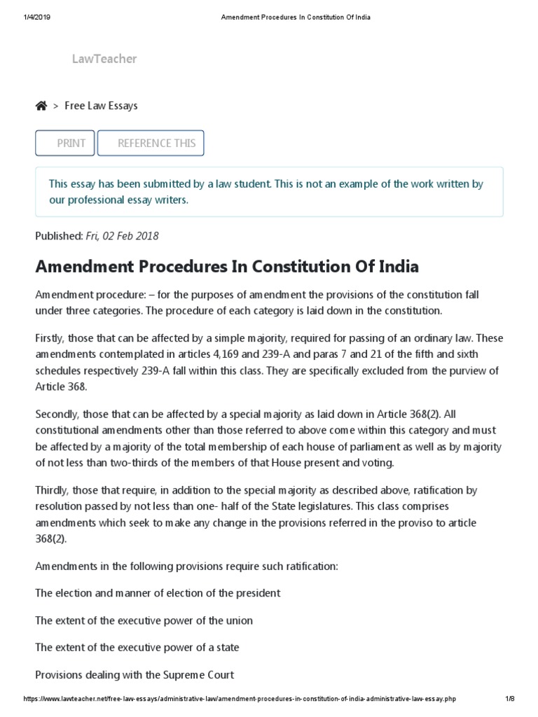 Amendment Procedures in Constitution of India: Lawteacher | PDF | Constitutional Amendment ...
