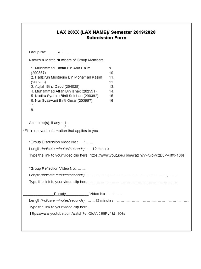 LAX 20XX (LAX NAME) / Semester 2019/2020 Submission Form | PDF