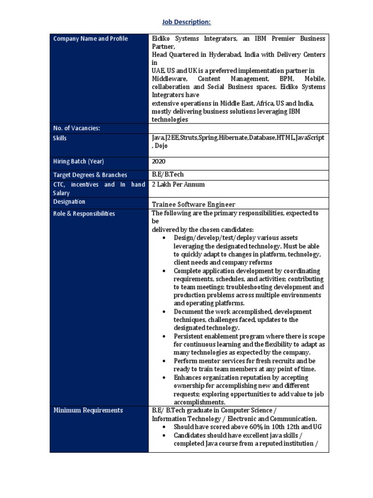 JD - Eidiko Systems Integrators PVT LTD | PDF | Java (Programming ...